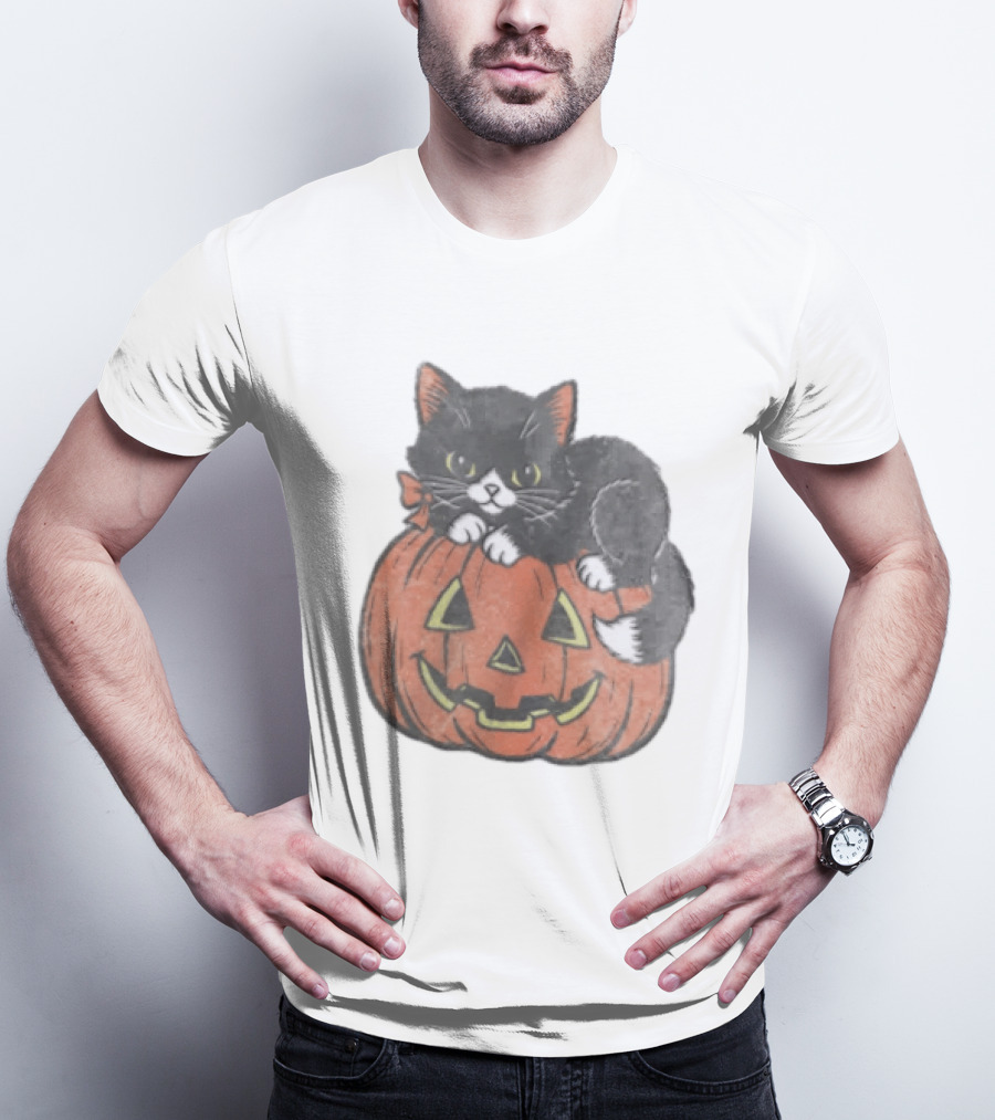 The Pumpkin Cat Halloween Black Cat On Jack O' Lantern T-Shirt