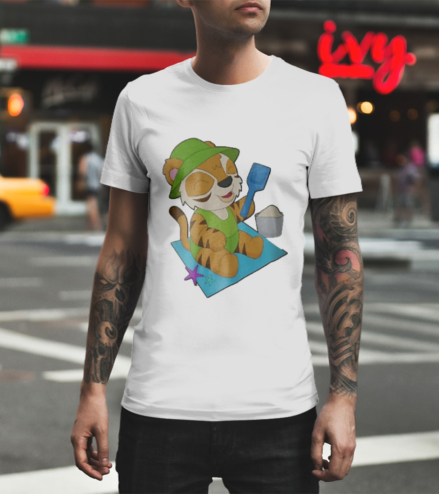 Playful Tiger Beach Sand Adventure Summer Scene T-Shirt