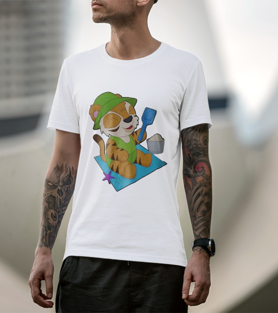 Playful Tiger Beach Sand Adventure Summer Scene T-Shirt