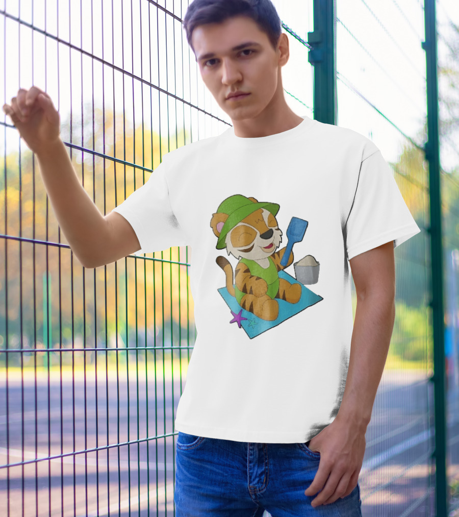 Playful Tiger Beach Sand Adventure Summer Scene T-Shirt