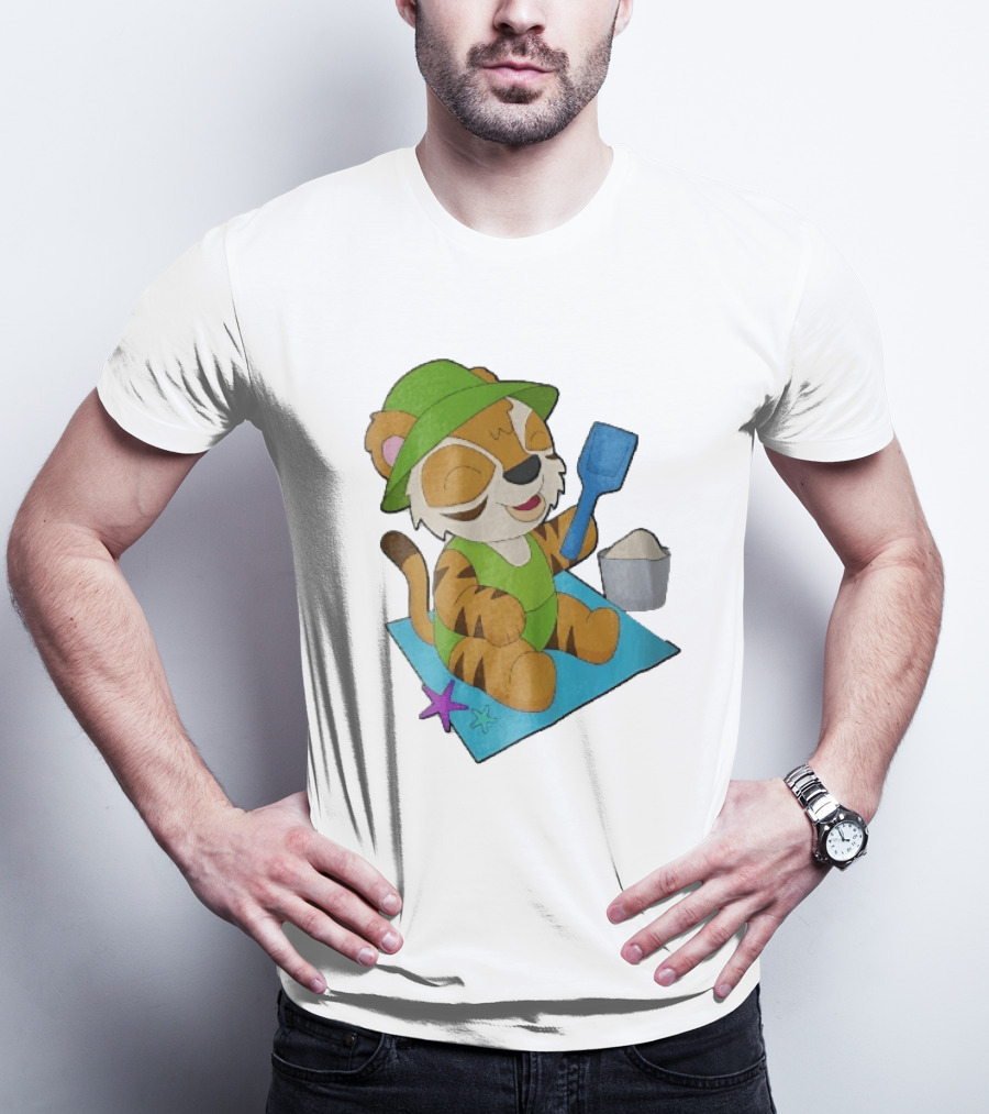 Playful Tiger Beach Sand Adventure Summer Scene T-Shirt