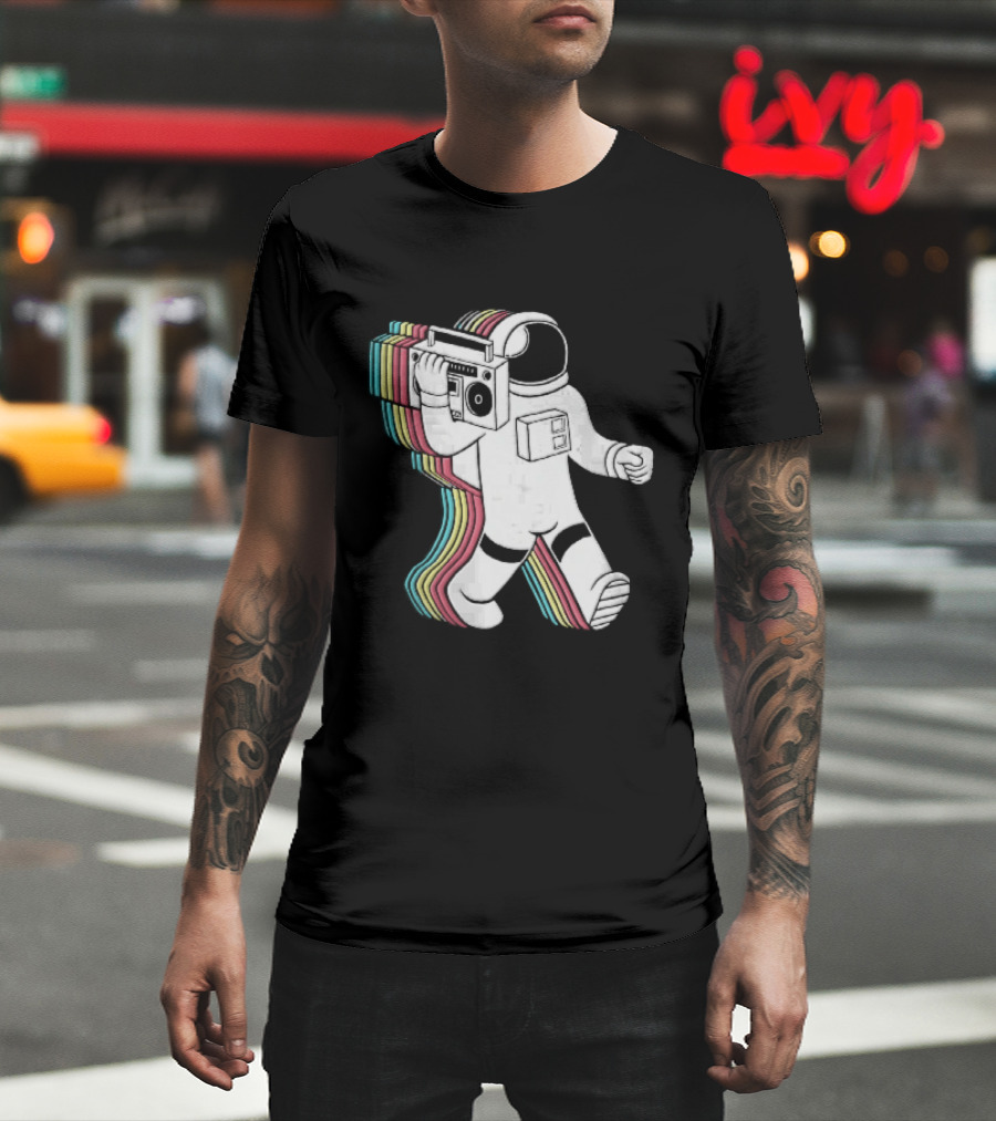 Astronaut Carrying Boombox Retro Colorful Vibes T-Shirt