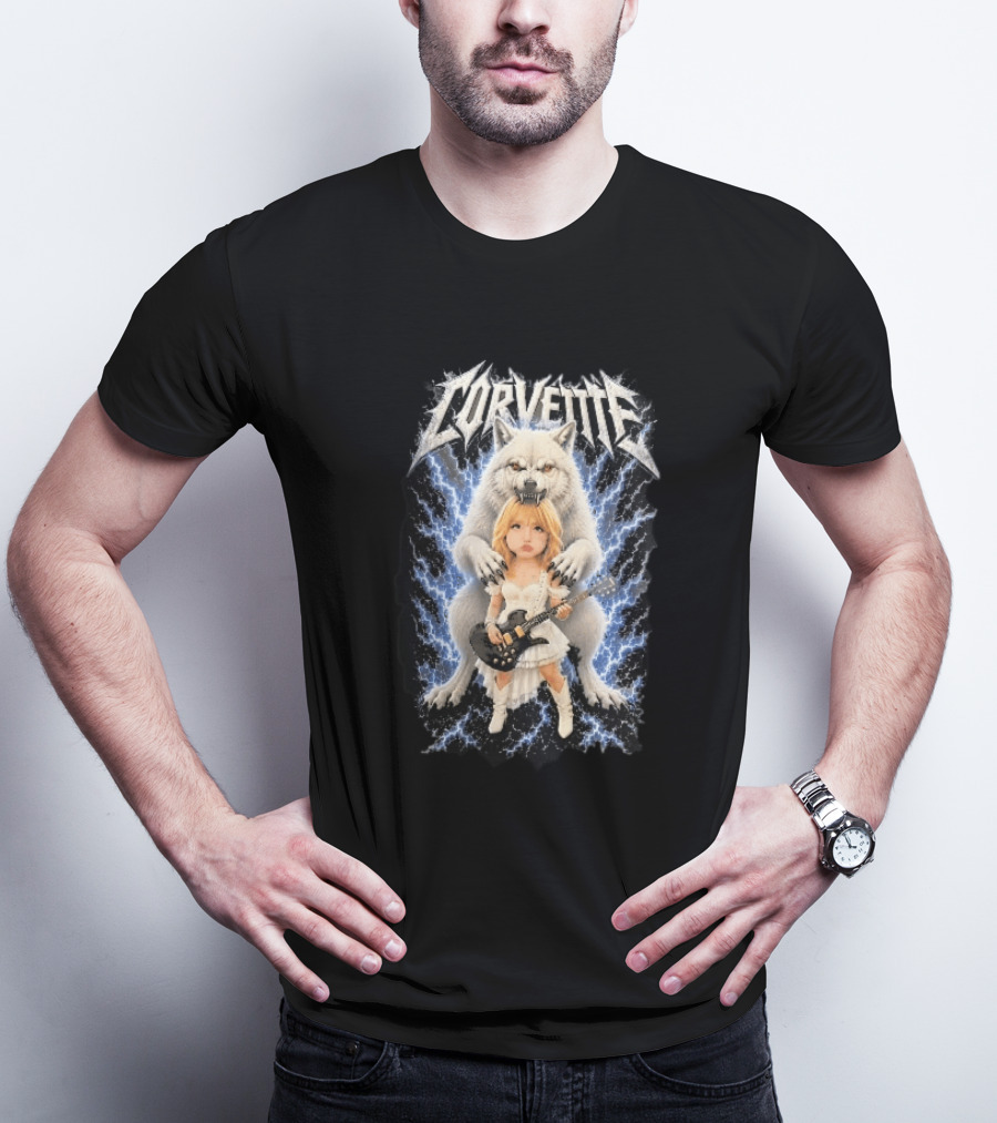 Corvette Chibi Blonde With Electric Guitar White Wolf And Lightning Heavy Metal T-Shirt