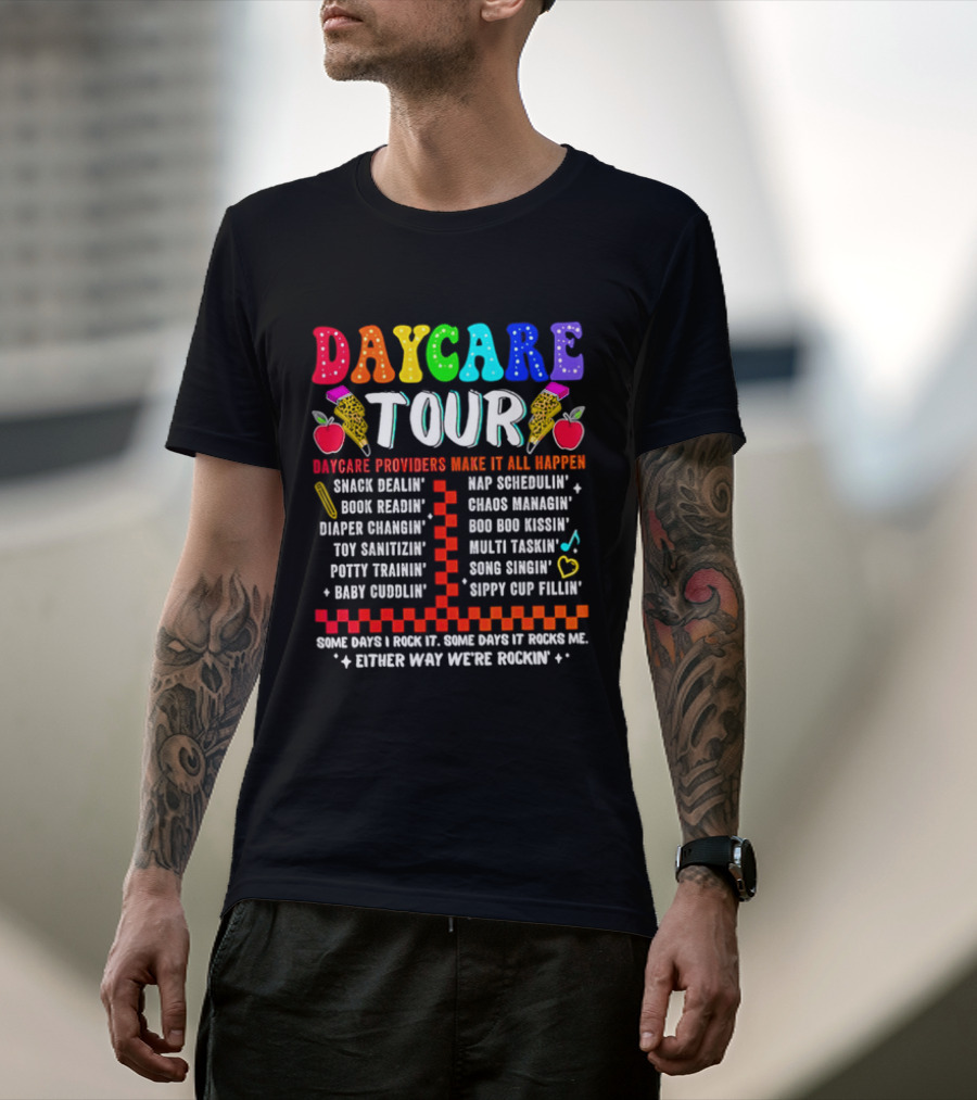 Daycare Tour Snack Dealer Nap Specialist Boo Boo Healer Puppet Creator Fun Expert Song Machine T-Shirt