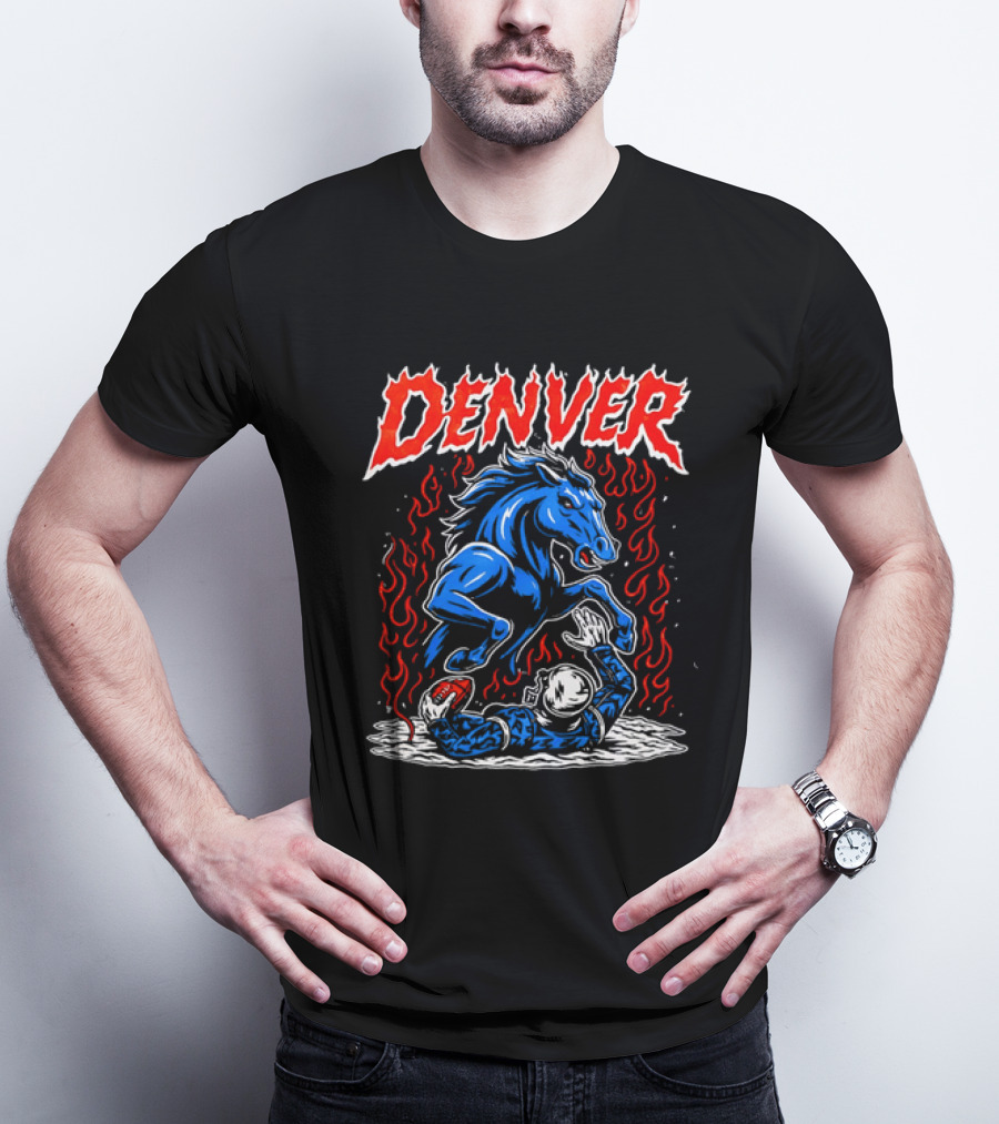 Denver Broncos Blue Horse Fire Football Player Flame T-Shirt