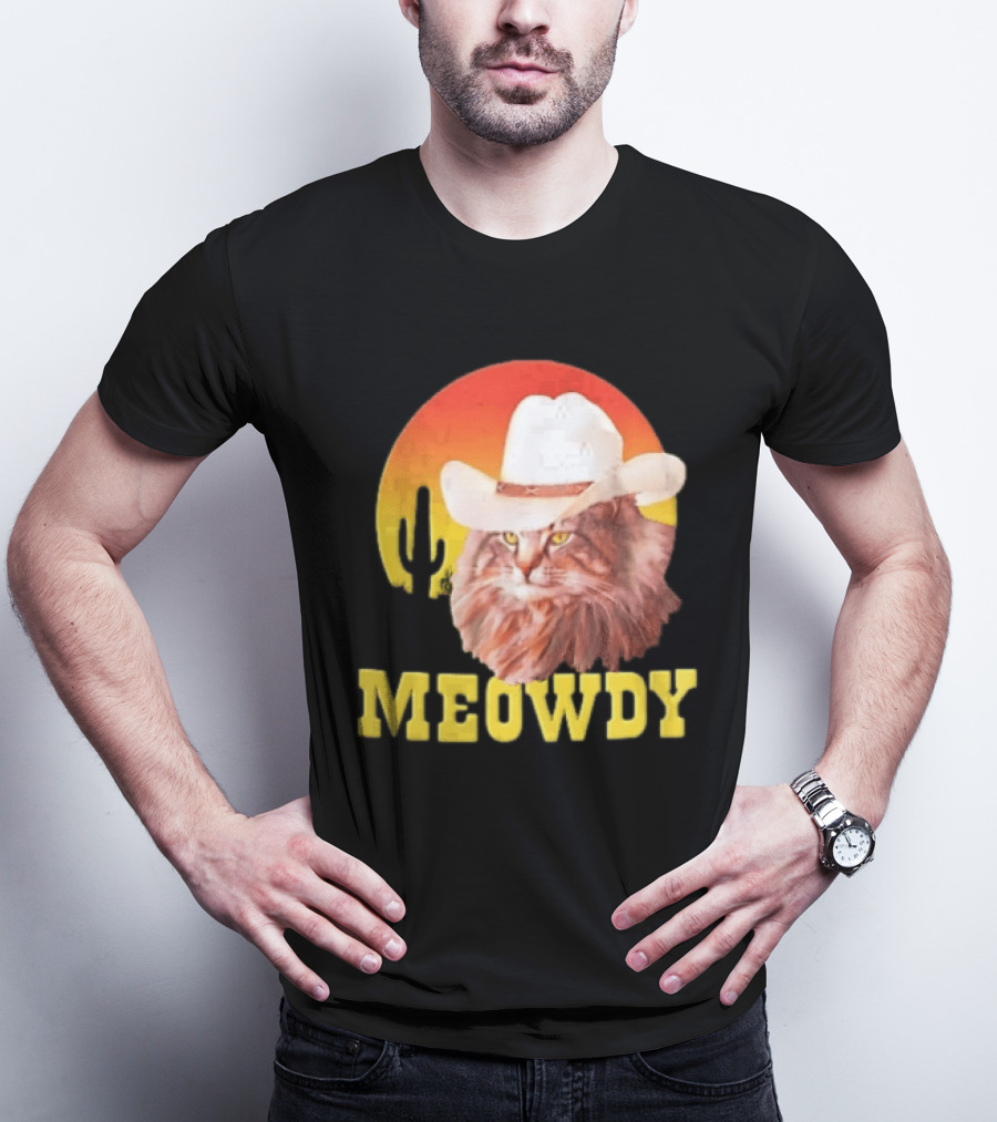 Meowdy Cowboy Cat In White Hat With Sunset And Cactus T-Shirt