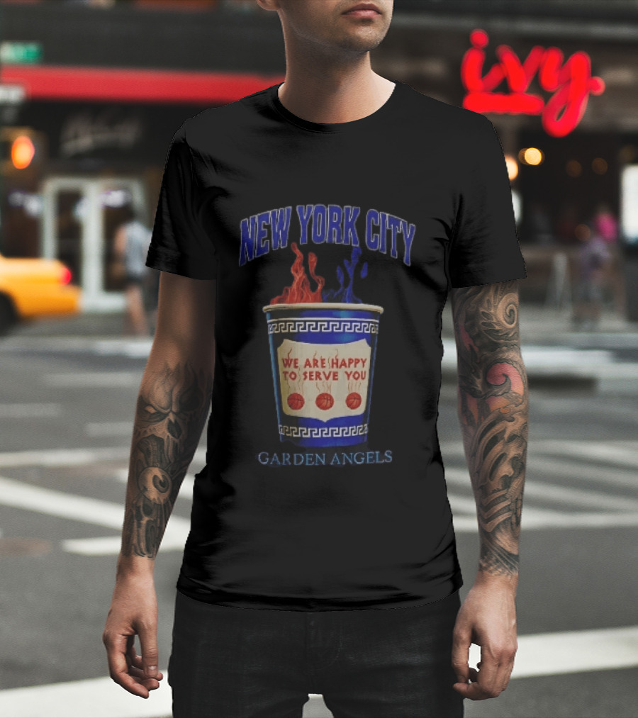 New York City Greek Coffee Cup We Are Happy To Serve You Garden Angels Flaming Basketballs T-Shirt