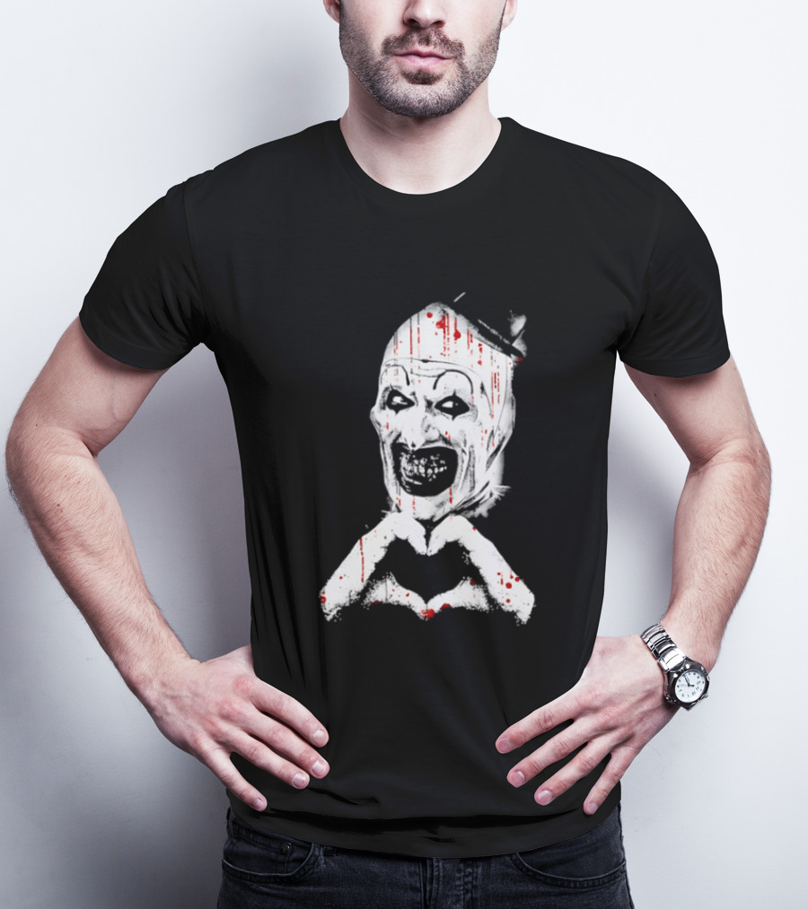 Terrifying Clown With Creepy Heart Hands And Bloody Accents T-Shirt