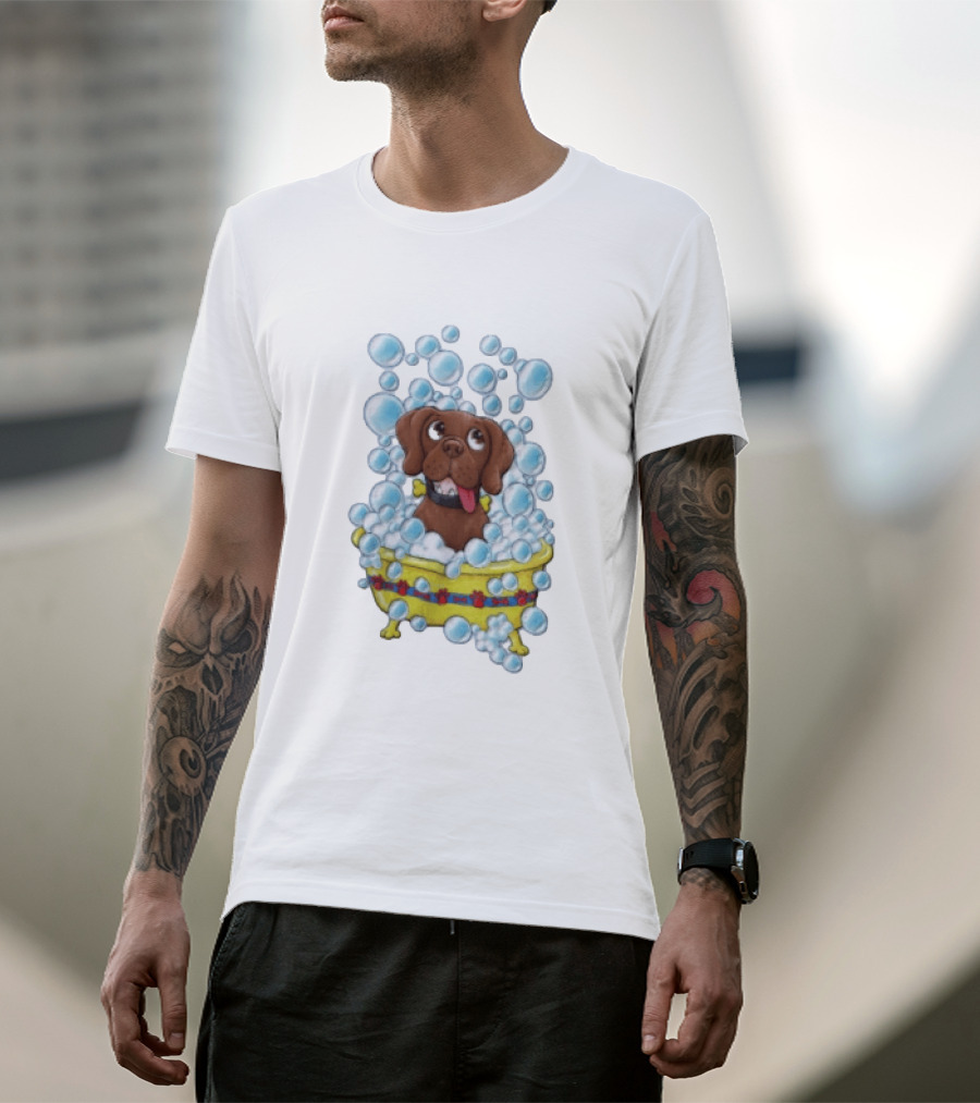 Goofy Dog Surrounded By Bubbles In Yellow Tub T-Shirt