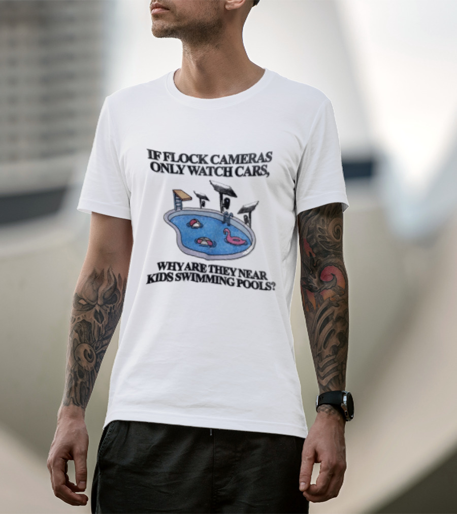 Flock Cameras Cars Near Swimming Pools Pink Flamingo Float Solar Panels Cartoon T-Shirt