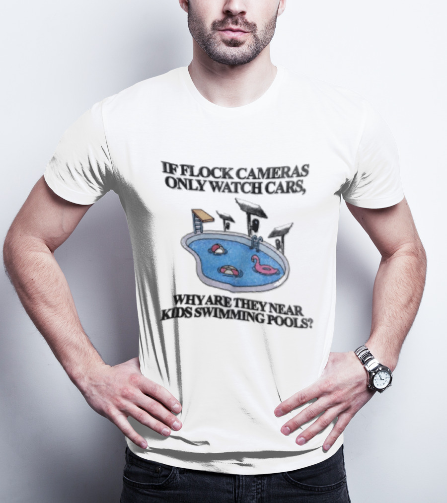 Flock Cameras Cars Near Swimming Pools Pink Flamingo Float Solar Panels Cartoon T-Shirt