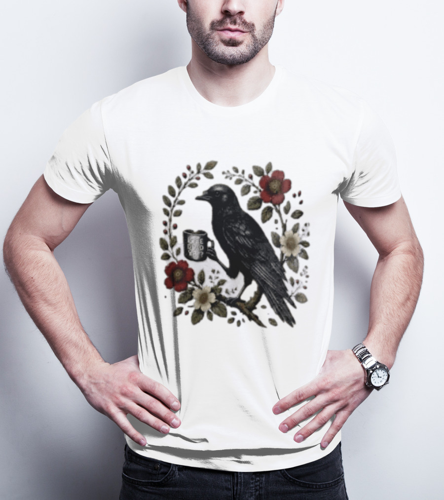 Is He Dead Yet Crow Coffee Floral Wreath Blooms T-Shirt