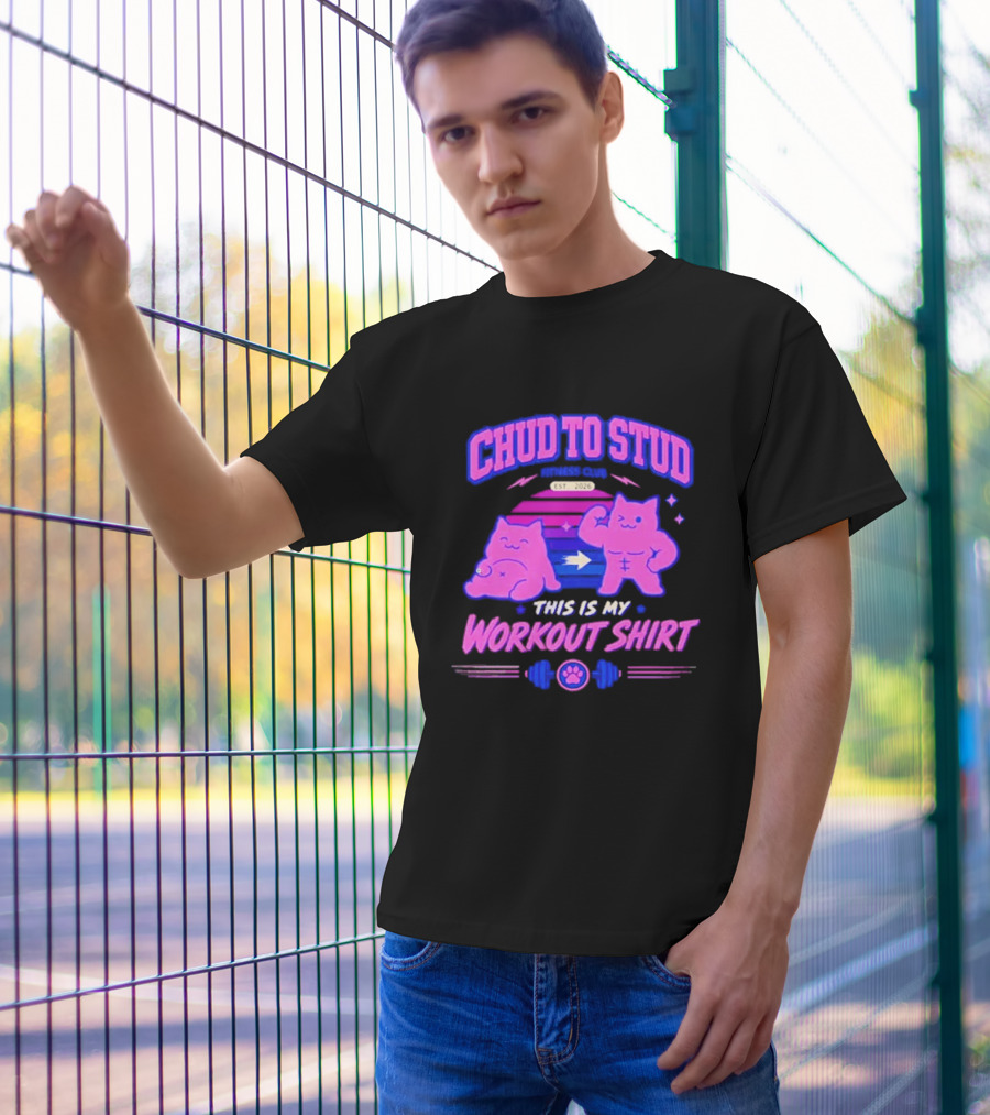 Chud To Stud Fitness Club Workout Transformation With Cute Cats And Paw Print Weights T-Shirt