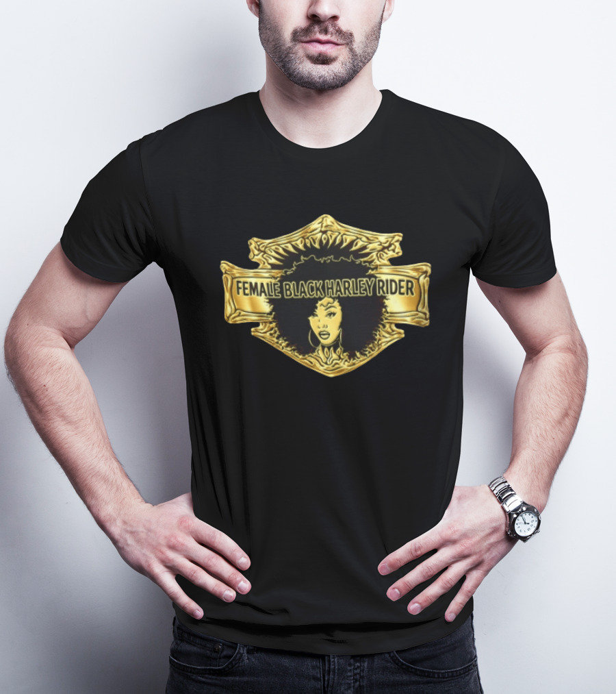 Female Black Harley Rider Gold Ornate Shield Afro T-Shirt