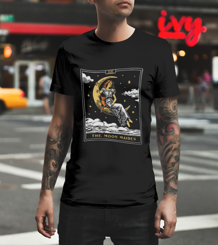The Moon Maiden Tarot Card Crescent Cat And Stars T-Shirt