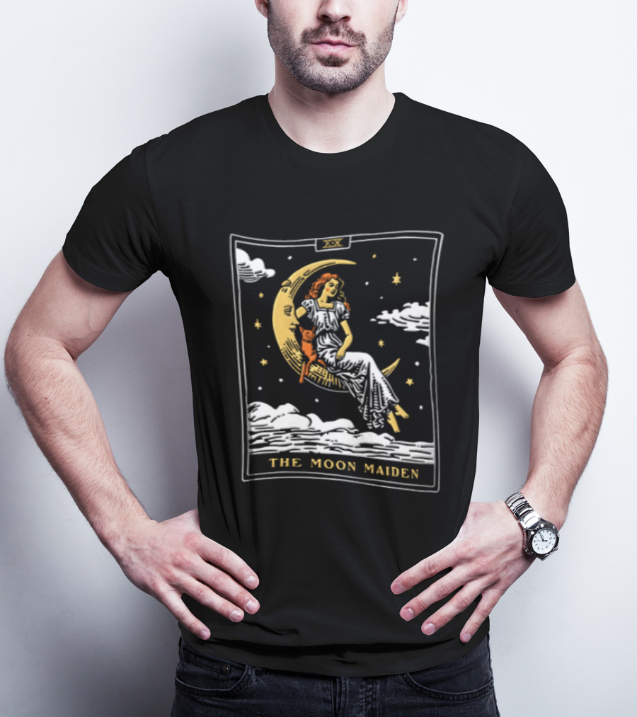The Moon Maiden Tarot Card Crescent Cat And Stars T-Shirt
