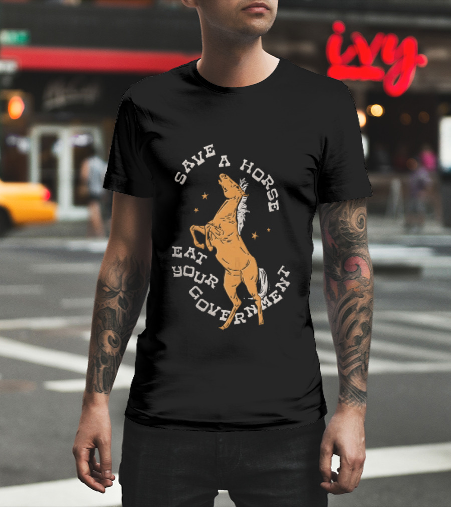 Save A Horse Eat Your Government Rearing Orange Stallion Woodcut Stars T-Shirt