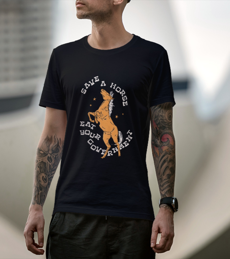 Save A Horse Eat Your Government Rearing Orange Stallion Woodcut Stars T-Shirt