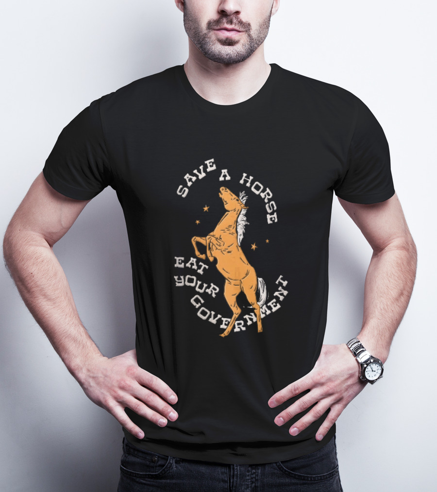 Save A Horse Eat Your Government Rearing Orange Stallion Woodcut Stars T-Shirt