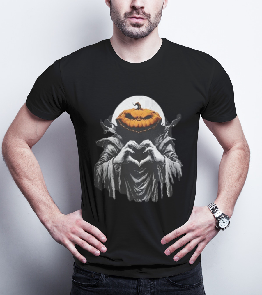 Scary Jack O Lantern Hooded Cloak Heart Hands Full Moon T-Shirt