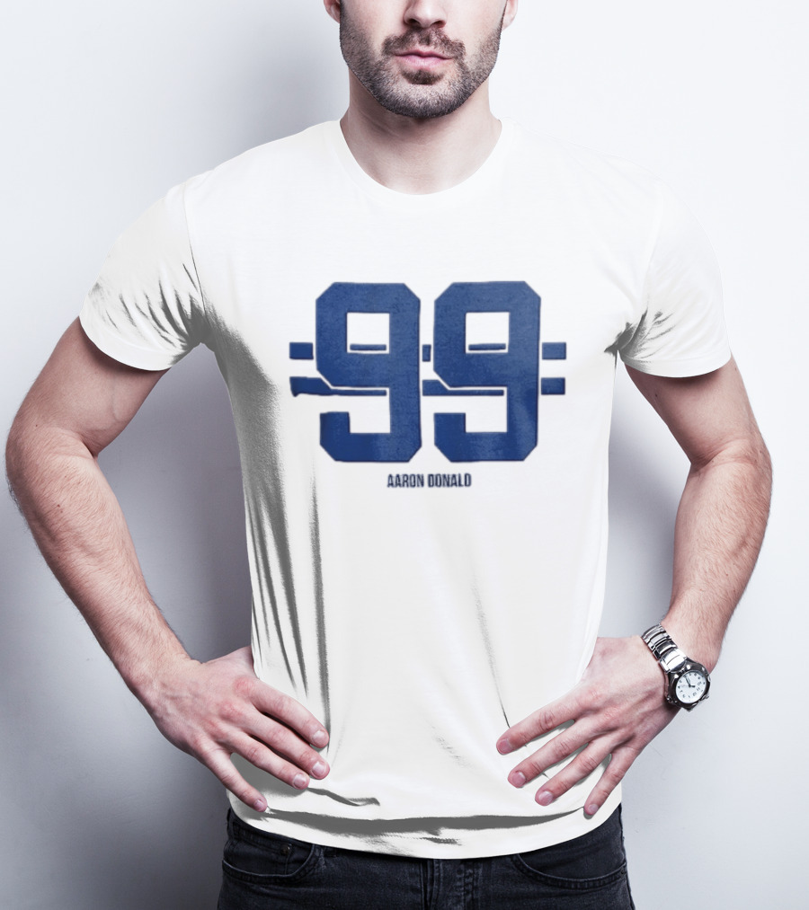Aaron Donald 99 Blue Jersey Number Block Lettering Horizontal Stripes T-Shirt