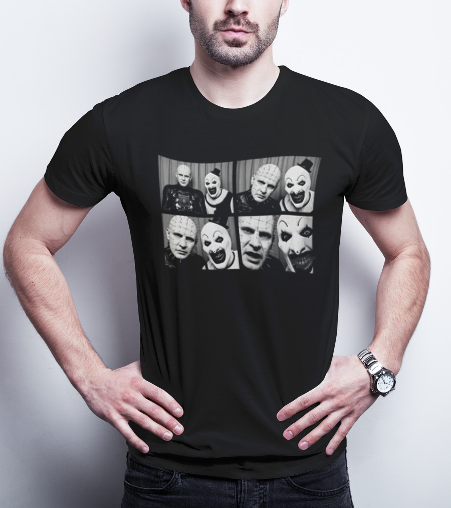 The Clown & Pinhead Horror Mystery Mashup Photo Booth T-Shirt
