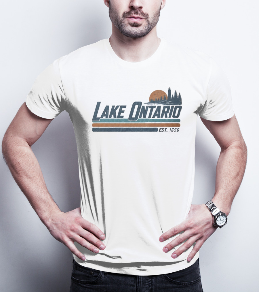 Lake Ontario Established 1956 Vintage Stripe Sunset With Lighthouse And Trees T-Shirt