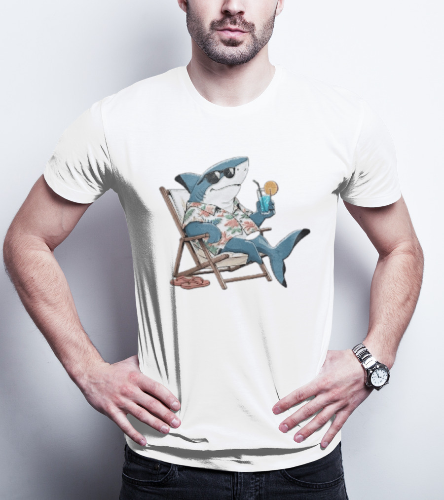 Shark Relaxing In Lounge Chair With Tropical Drink Hawaiian T-Shirt