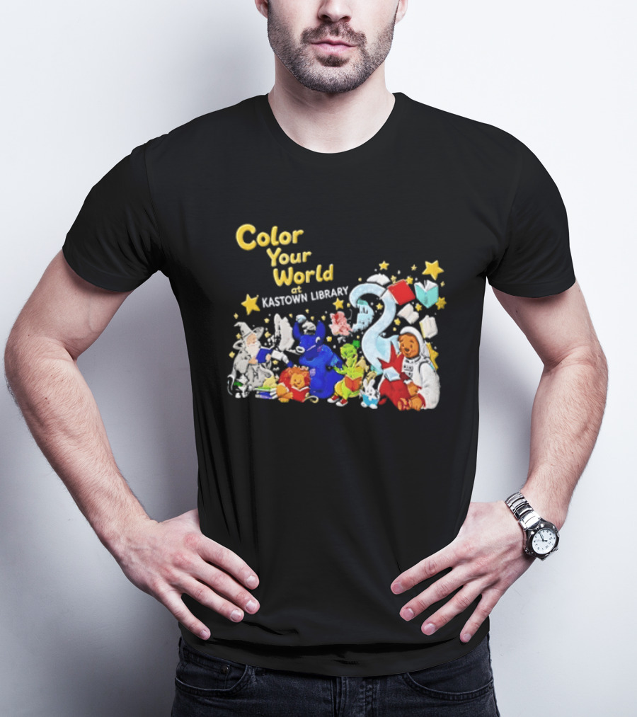 Color Your World At Kastown Library With Reading Books And Vibrant Characters T-Shirt