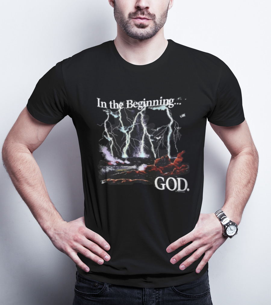 In The Beginning God Lightning Bolts Crashing Waves Rocky Shore T-Shirt