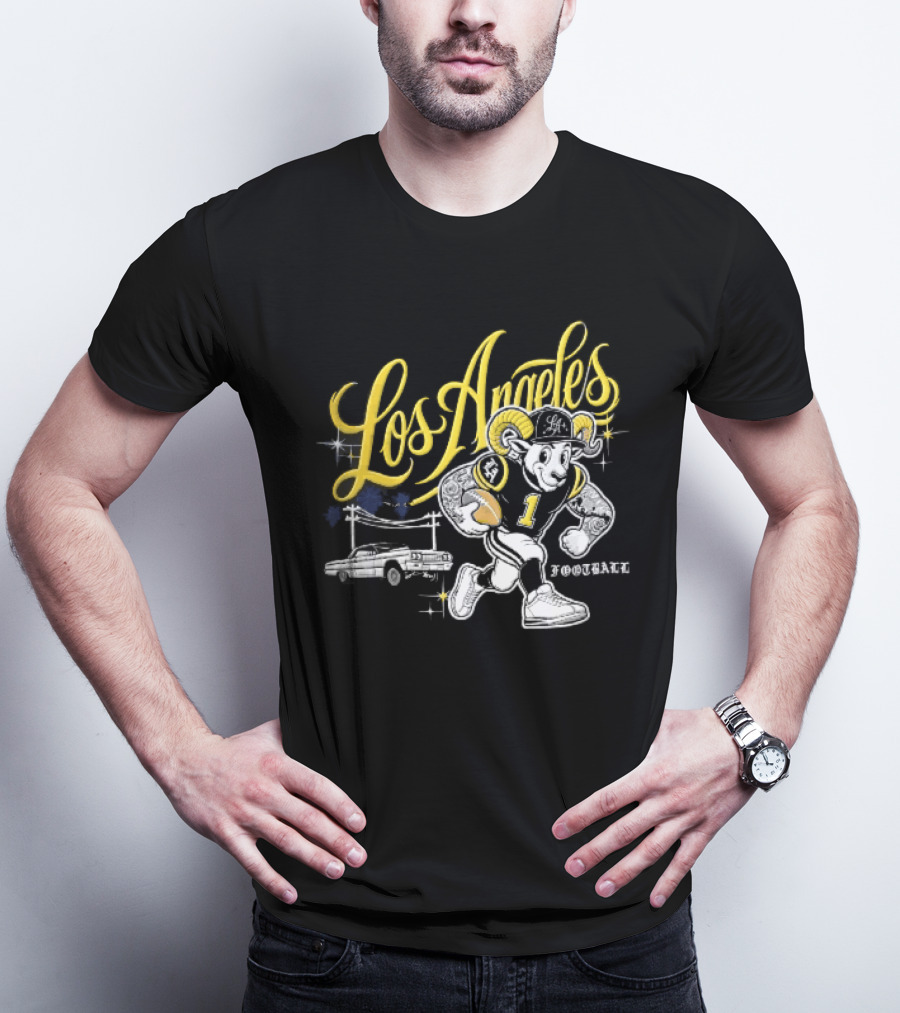 Los Angeles Rams Cartoon Ram Running Lowrider Car Football T-Shirt