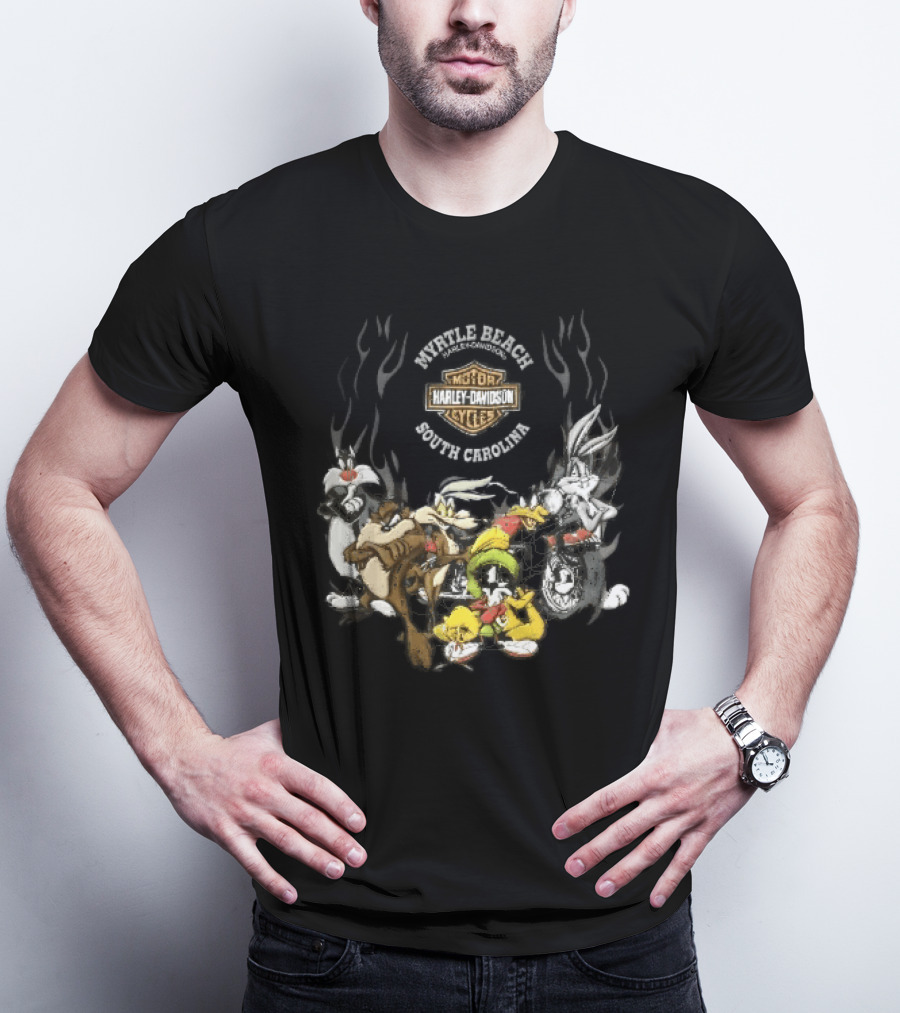 Myrtle Beach Harley Davidson Motor Cycles South Carolina Looney Tunes Bugs Bunny Daffy Duck Taz Sylvester Wile E Coyote T-Shirt