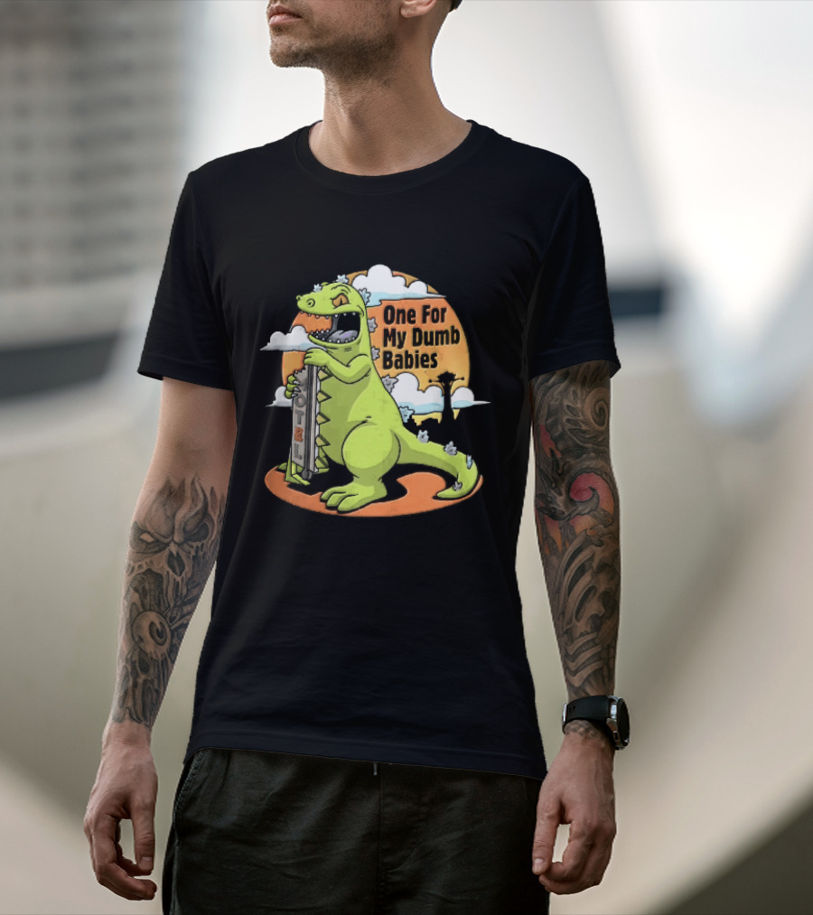 One For My Dumb Babies Motel Reptar Holding Thermometer Lucky 38 Sunset Cartoon T-Shirt