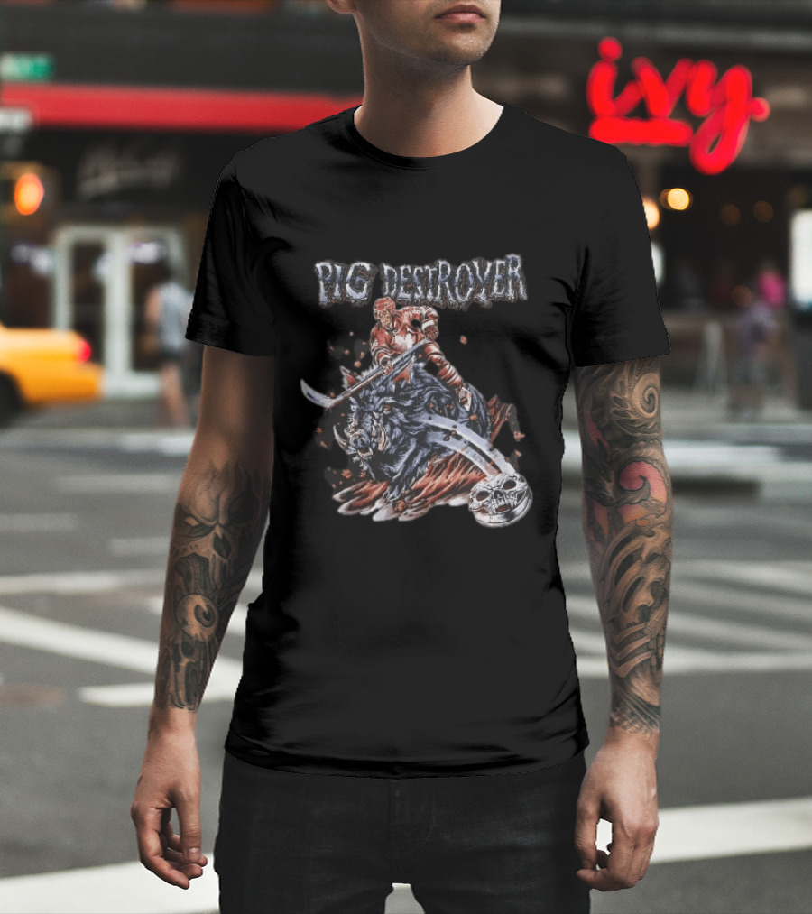 Pig Destroyer Skeleton Hockey Player Riding Wild Boar Skull Puck T-Shirt