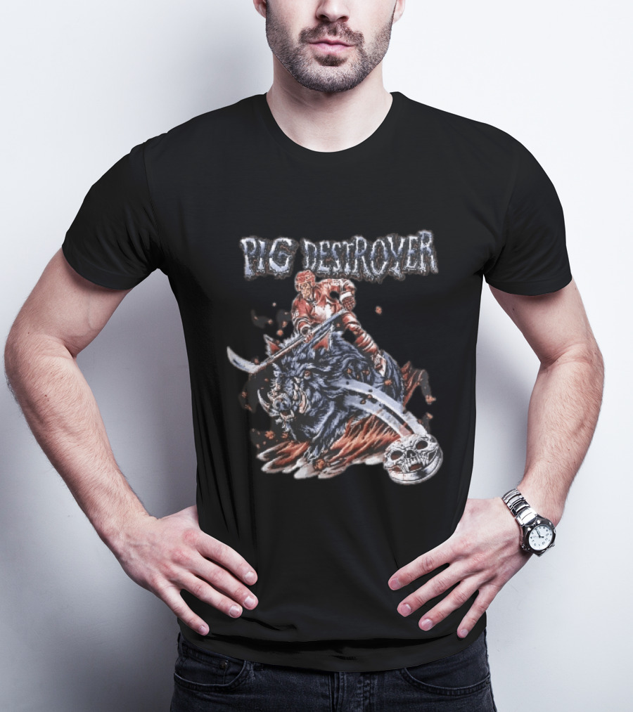 Pig Destroyer Skeleton Hockey Player Riding Wild Boar Skull Puck T-Shirt