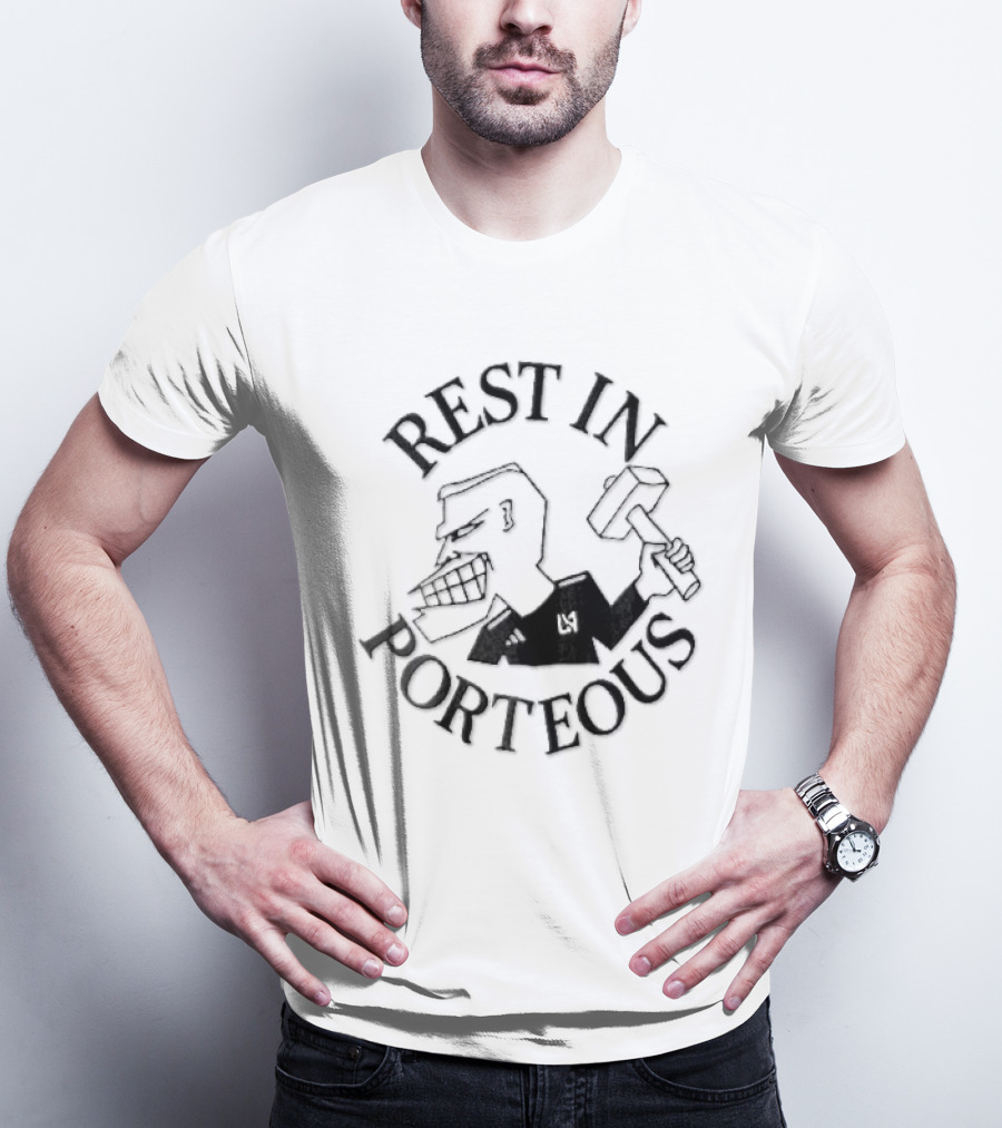Rest In Porteous Cartoon Caricature Man Holding Hammer T-Shirt