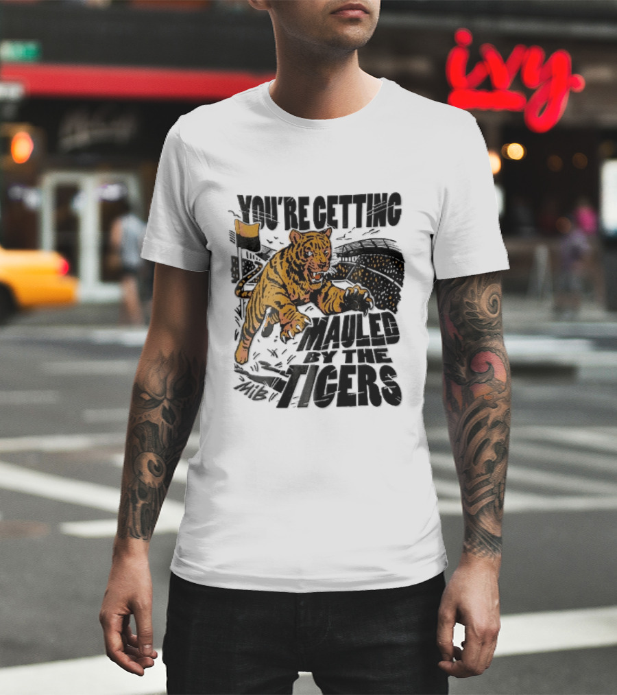 You're Getting Mauled By The Tigers Leaping Aggressive Stadium Crowd Corner Flag Woodcut T-Shirt