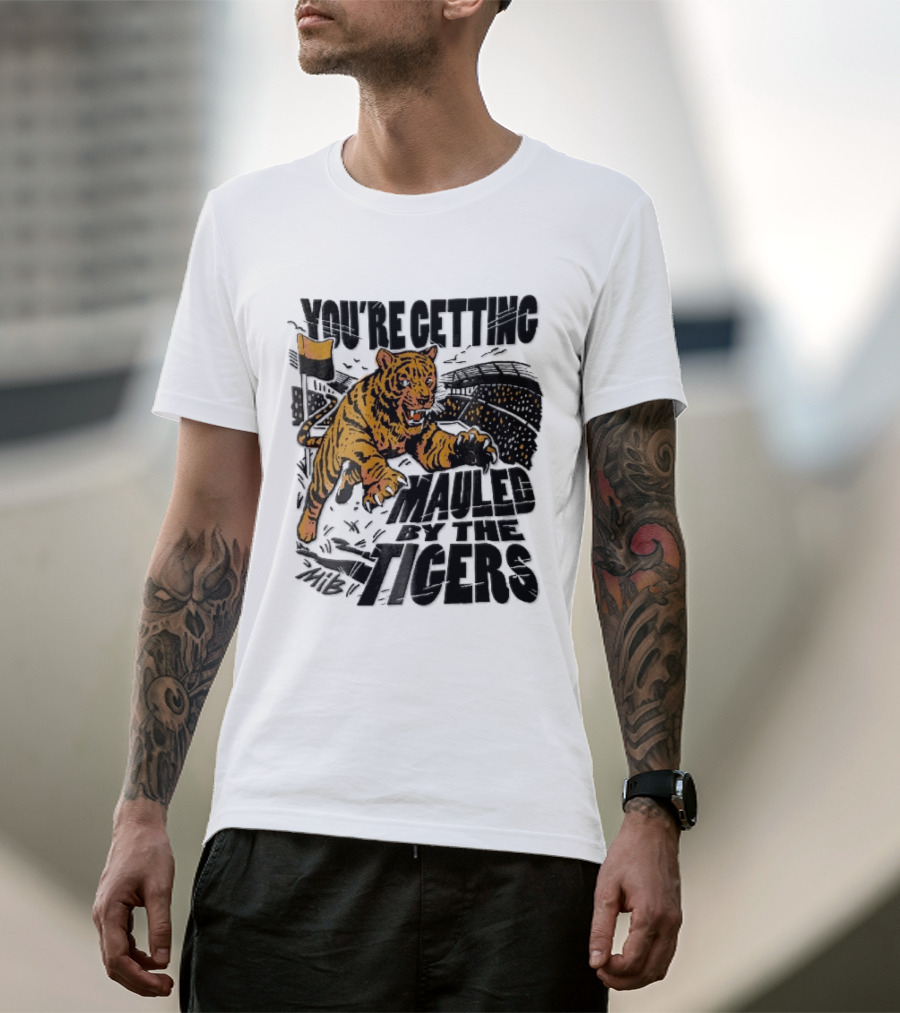 You're Getting Mauled By The Tigers Leaping Aggressive Stadium Crowd Corner Flag Woodcut T-Shirt
