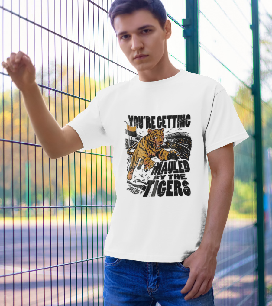 You're Getting Mauled By The Tigers Leaping Aggressive Stadium Crowd Corner Flag Woodcut T-Shirt