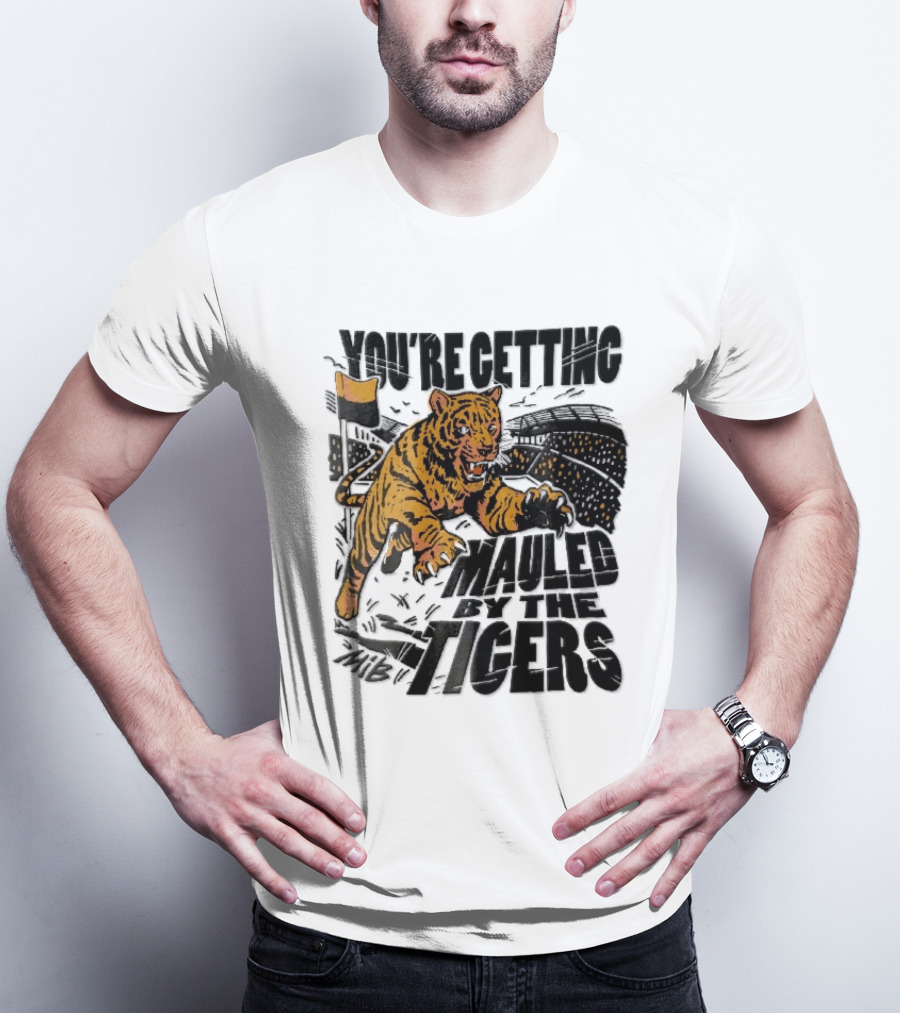You're Getting Mauled By The Tigers Leaping Aggressive Stadium Crowd Corner Flag Woodcut T-Shirt