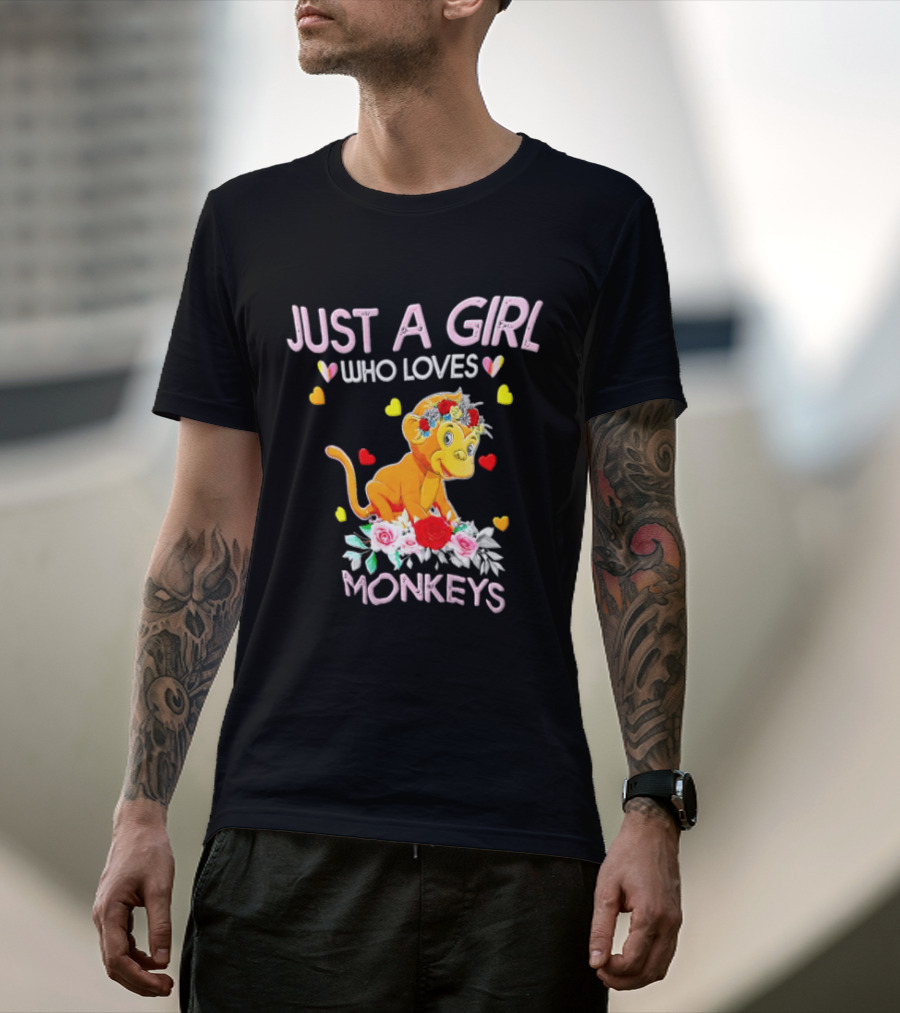 Just A Girl Who Loves Monkeys With Hearts And Flowers T-Shirt
