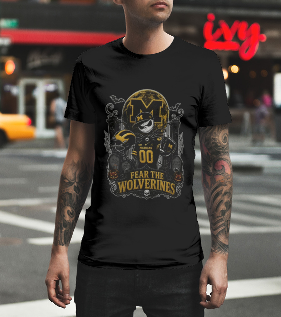Fear The Michigan Wolverines Jack Skellington Halloween Skeleton Graveyard Tombstones Pumpkins Bats T-Shirt