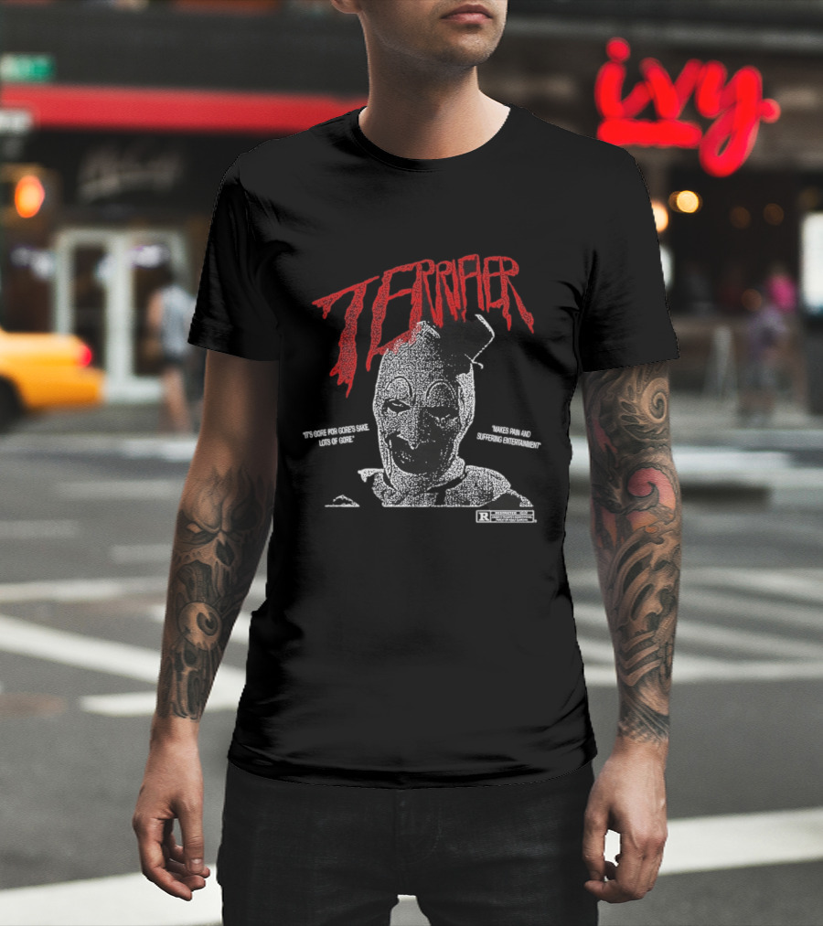 Terrifier Official Art Clown Grim Imagery Horror Cult Video Nsfw Warning T-Shirt