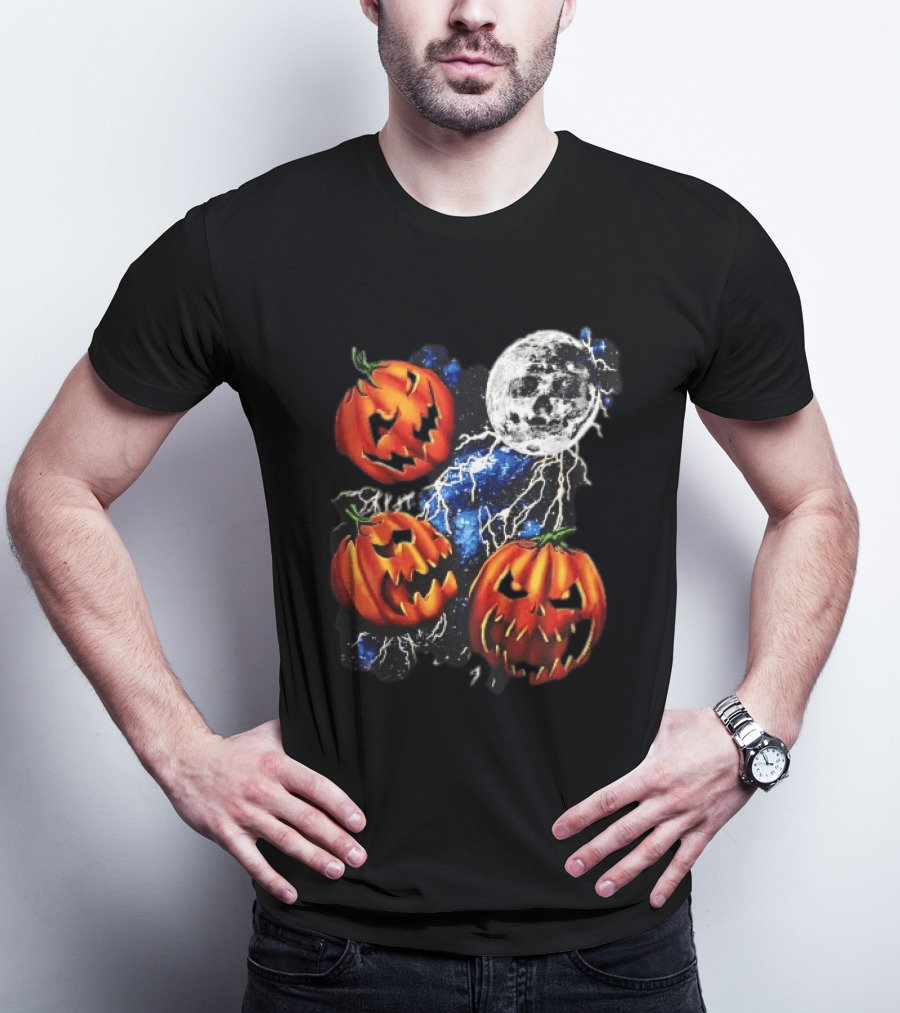 Halloween Pumpkins Skull Moon Lightning T-Shirt