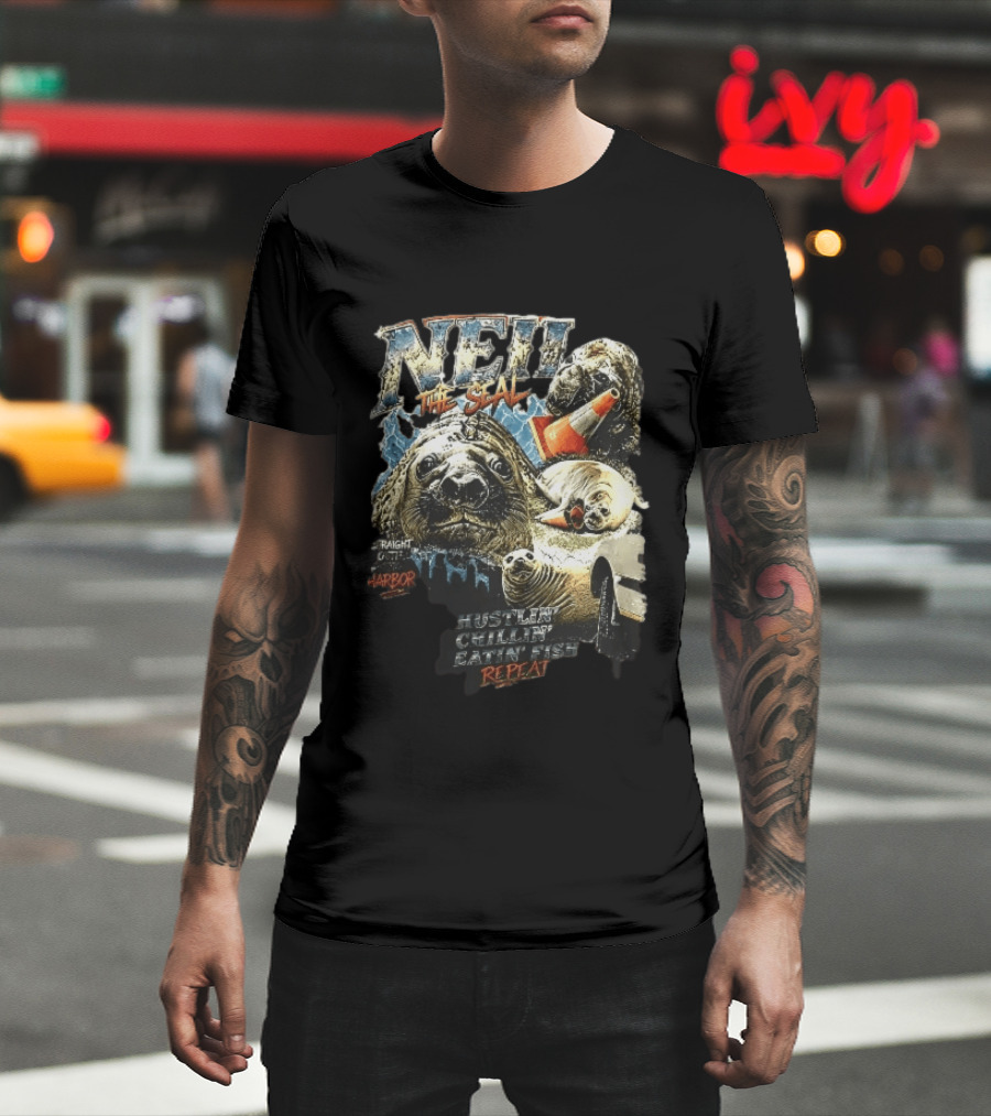 Neil The Seal Hustler Chillin Eating Fish Harbor Animal Warning Cone Repeat T-Shirt