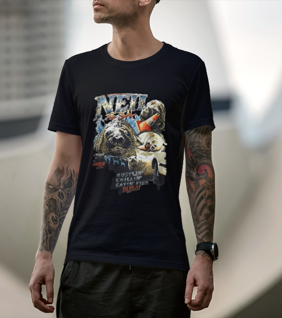 Neil The Seal Hustler Chillin Eating Fish Harbor Animal Warning Cone Repeat T-Shirt