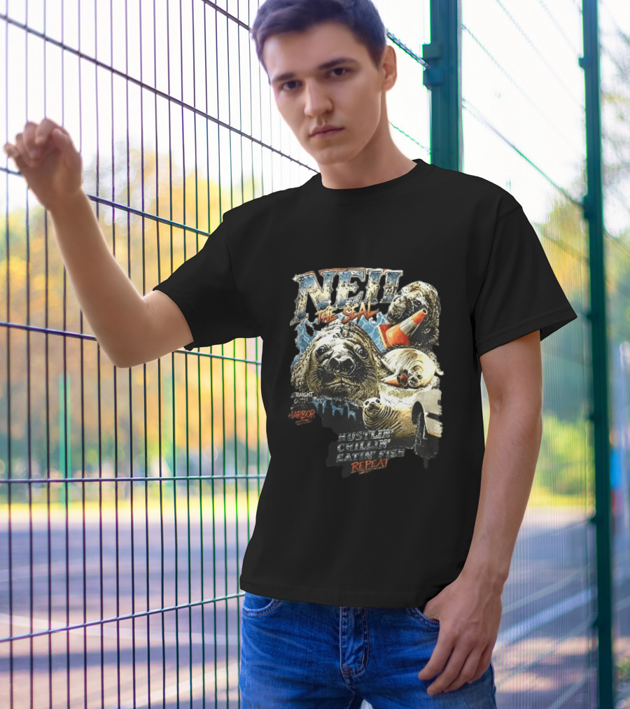 Neil The Seal Hustler Chillin Eating Fish Harbor Animal Warning Cone Repeat T-Shirt