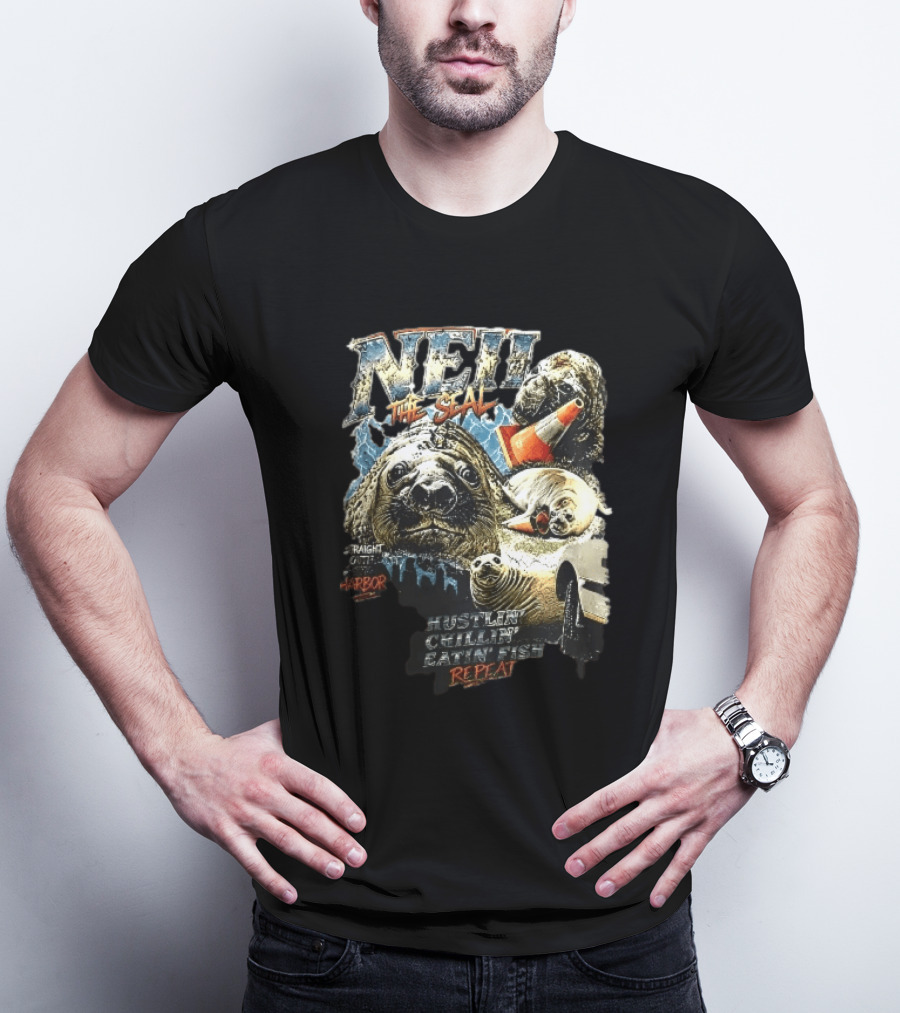 Neil The Seal Hustler Chillin Eating Fish Harbor Animal Warning Cone Repeat T-Shirt