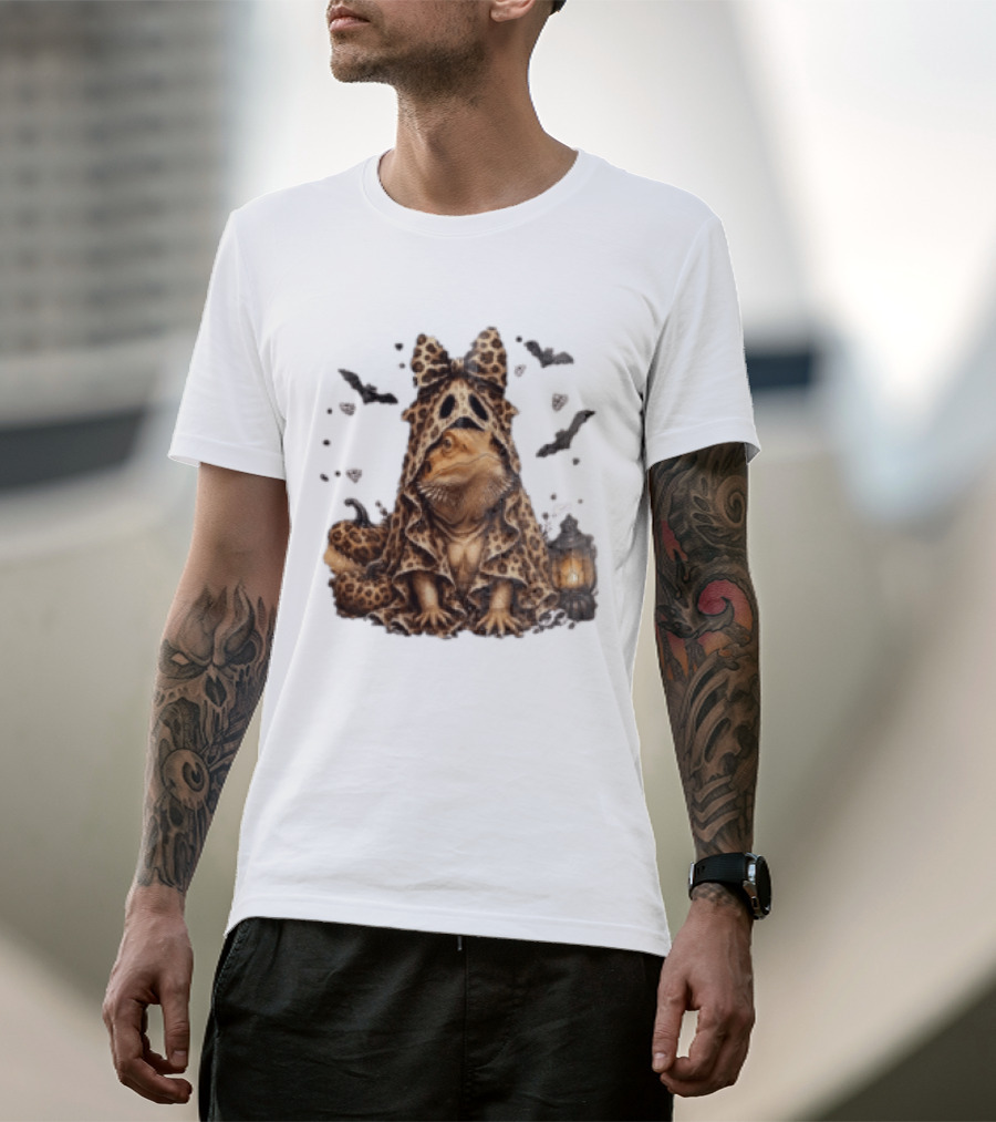 Bewitched Bearded Dragon Cloaked In Leopard Print With Lantern And Bats T-Shirt