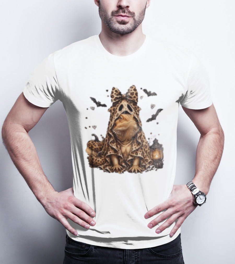 Bewitched Bearded Dragon Cloaked In Leopard Print With Lantern And Bats T-Shirt